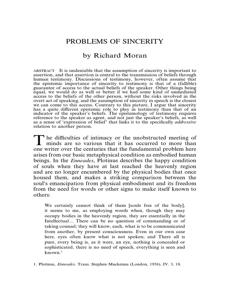 Moran, Problems of Sincerity | PDF | Epistemology | Truth