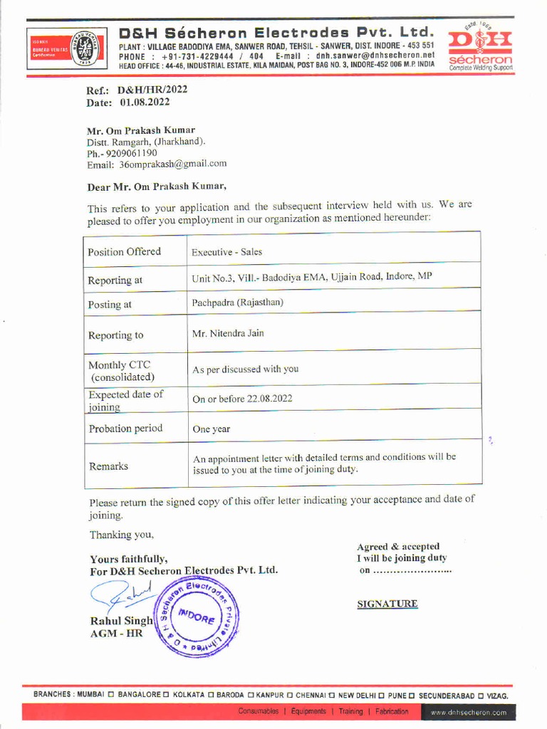 Mr. Om Prakash Kumar _Offer Letter | PDF