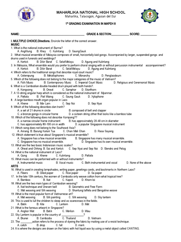 MAPEH 8 Knowledge Assessment Tool | PDF | Self | Musical Instruments