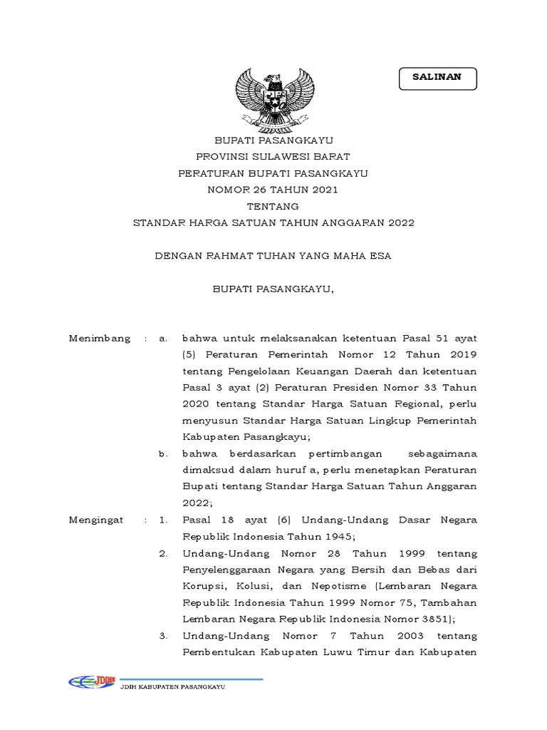 Peraturan Bupati Nomor 26 Tahun 2021 Tentang Standar Harga Satuan Tahu ... Peraturan Bupati Nomor 26 Tahun 2021 Tentang Standar Harga Satuan Tahu ...