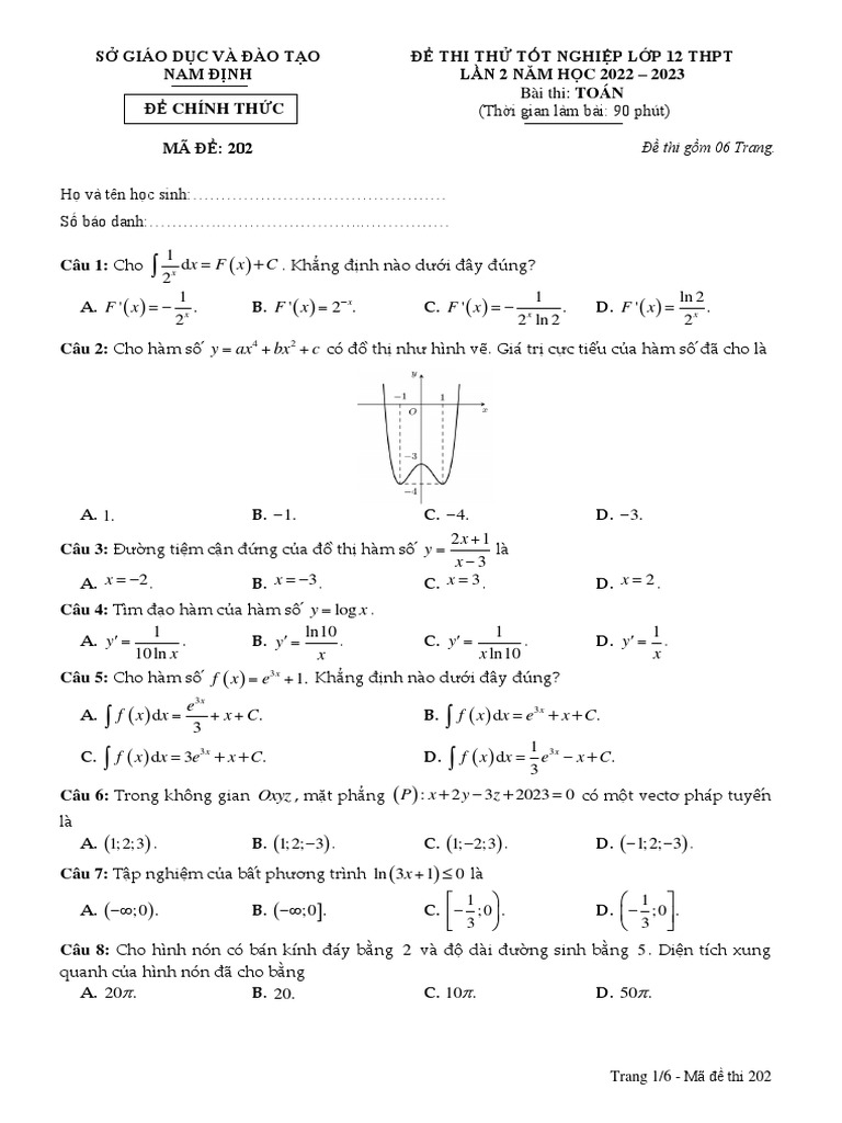 De Thi Thu Tot Nghiep THPT 2023 Mon Toan Lan 2 So GDDT Nam Dinh | PDF
