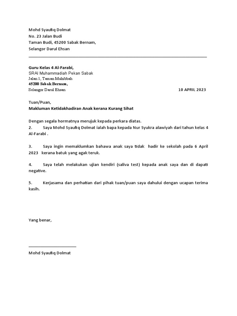 Surat Cuti Sekolah Covid 19 SYukraa Batuk2023 | PDF