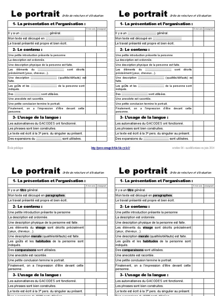 Grille d'évaluation pour portraits CM2 | PDF