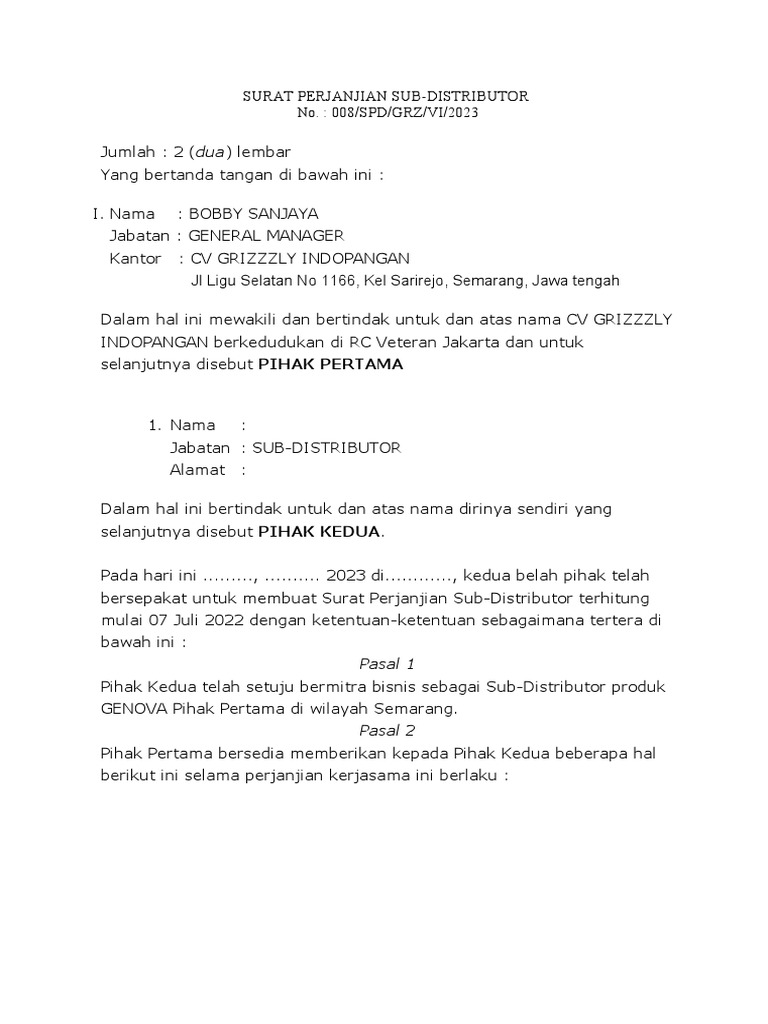 SURAT PERJANJIAN SUB DISTRIBUTOR 2023 | PDF