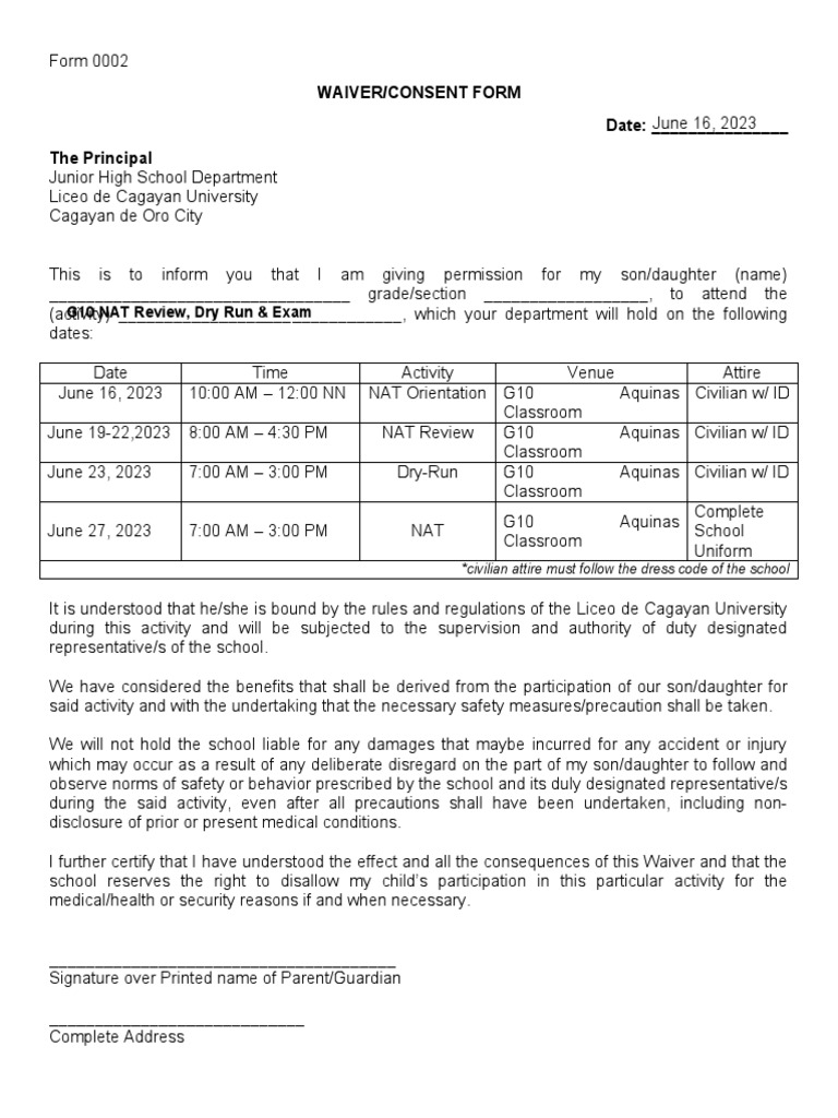 Parents Consent Waiver Form NAT G10 1 | PDF | Justice | Crime & Violence
