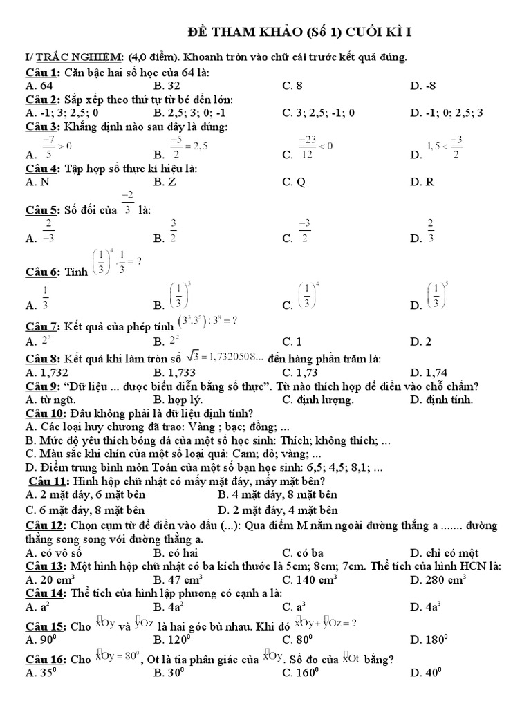 Kiem Tra Cuoi Ki I Toan 7 | PDF