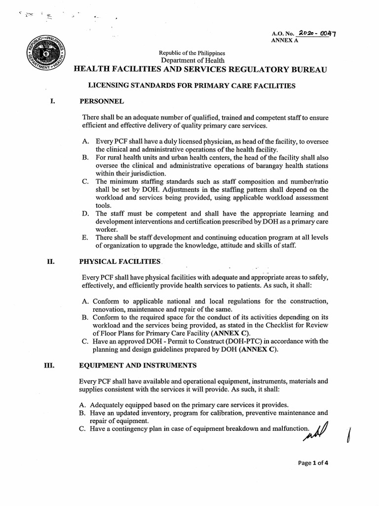 Annex A - Licensing Standards For Primary Care Facilities | PDF ...