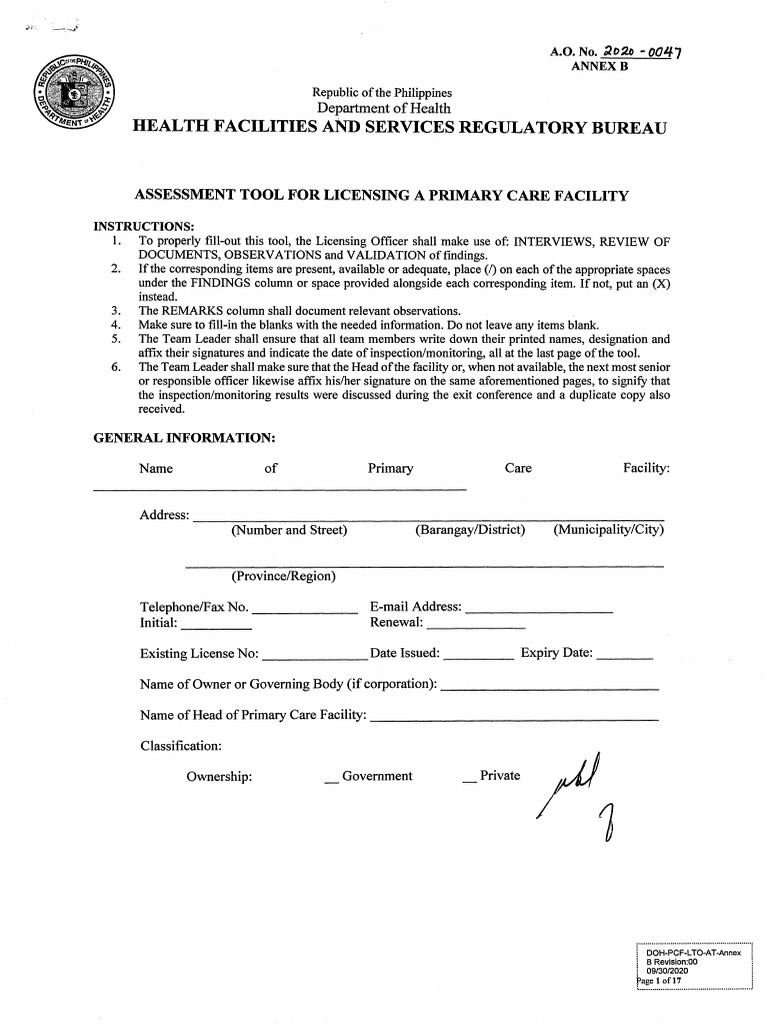 Annex B - Assessment Tool For Licensing A Primary Care Facility | PDF | Medical Record | Health Care