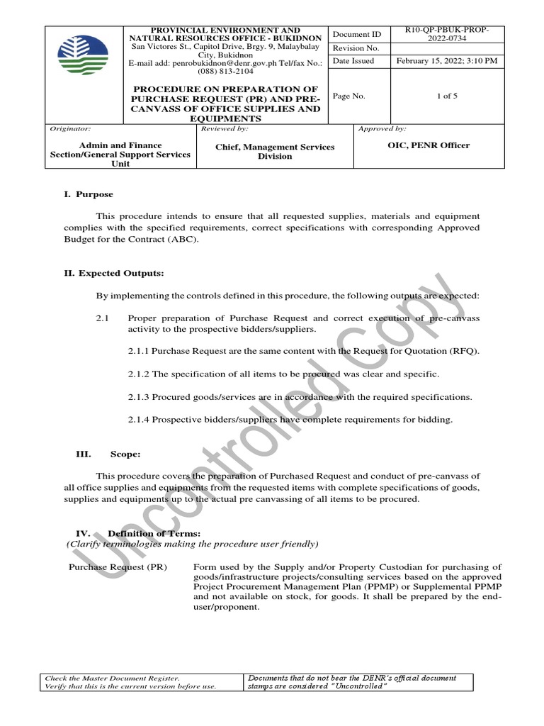 Procedure Preparation of PR and Pre Canvass | PDF | Specification ...