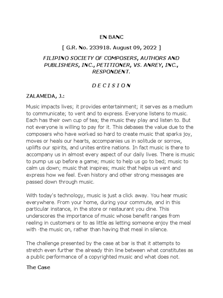 FILSCAP v. Anrey (G.R. No. 233918. August 09, 2022) | PDF ...