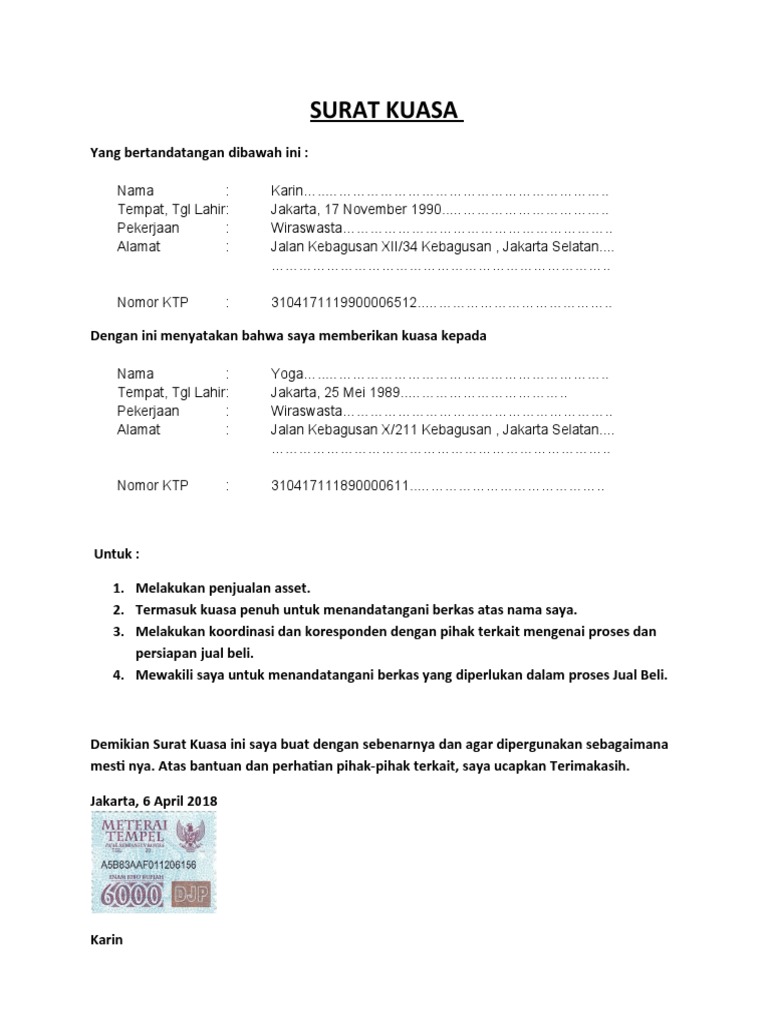 Surat Kuasa Jual Rumah oleh Karin | PDF
