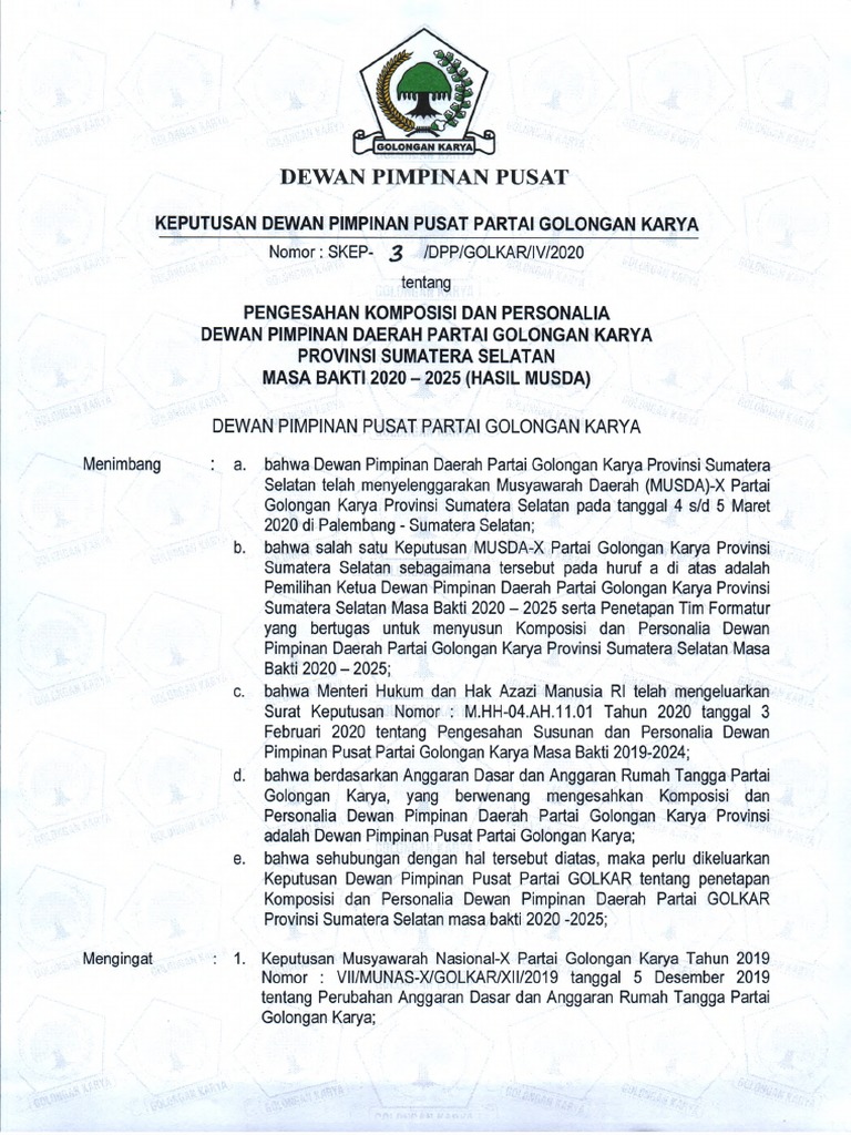 Skep 3 Pengurus DPD PG Prov Sumsel | PDF