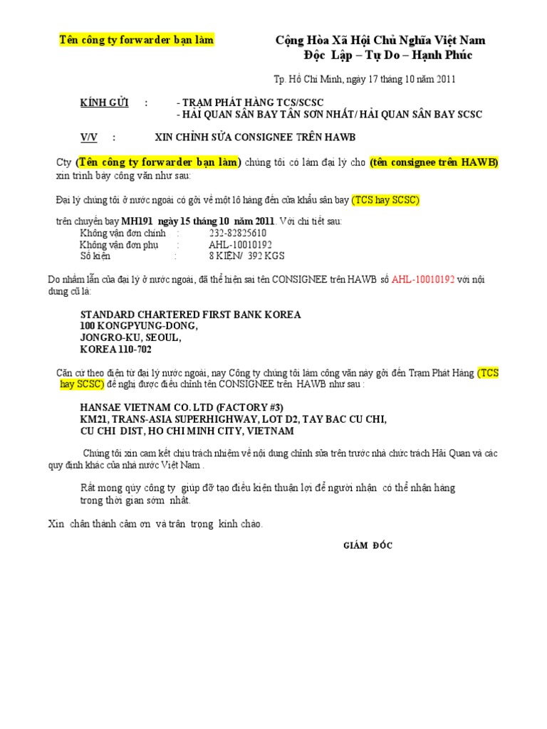 Công Văn S A Consignee Trên HAWB | PDF