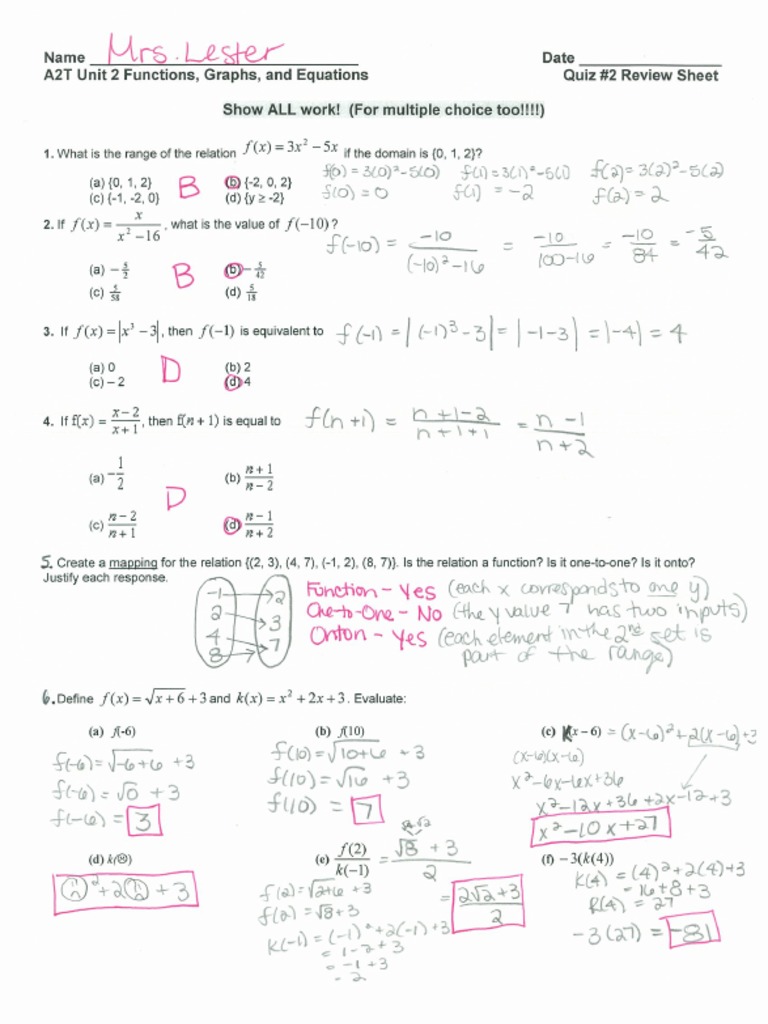 Quiz #2 Review Sheet Answer Key (Functions, Graphs, Equations) | PDF