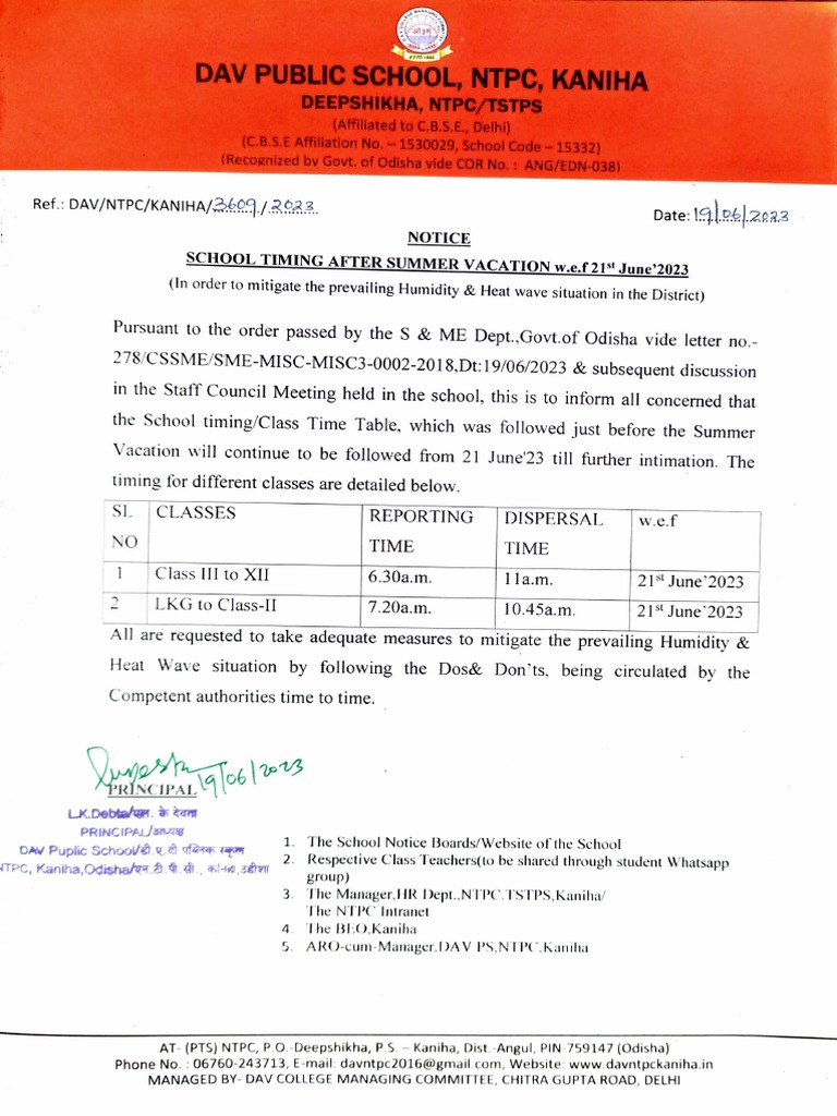NOTICE (School Timming after Summer Vacation) | PDF