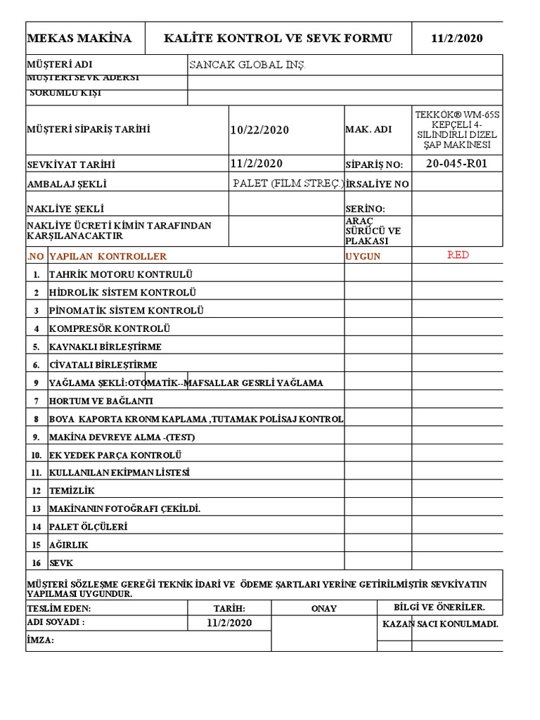 Şap Kalite Kontrol Formu | PDF
