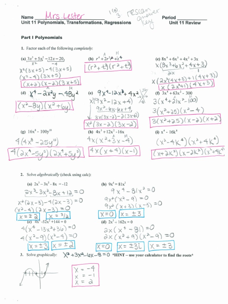 Unit 11 Review Sheet Answer Key (Polynomials, Transformations ...