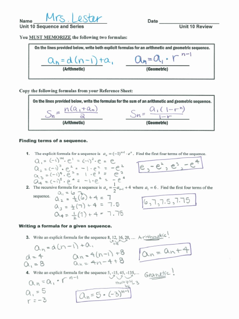 Unit 9 Review Sheet Answer Key (Sequence and Series) | PDF