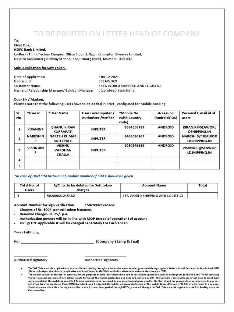 HDFC Soft Token Application Request | PDF | Mobile App | Computer Science