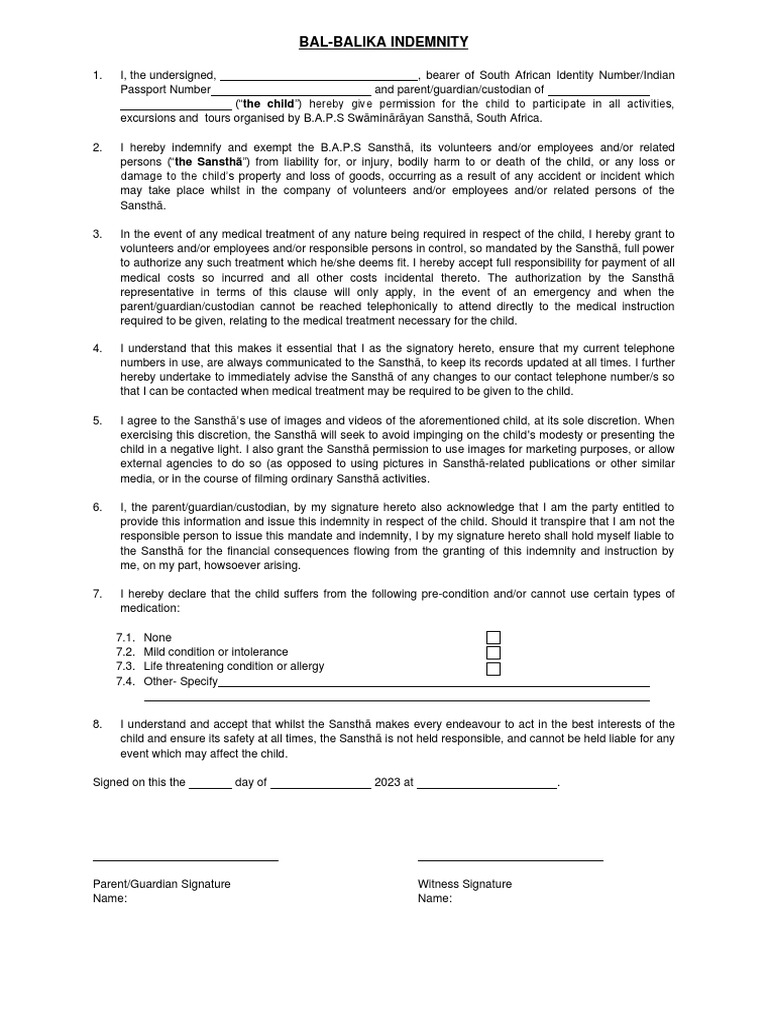 Bal-Balika Indemnity Form 2023 | PDF | Indemnity | Legal Guardian