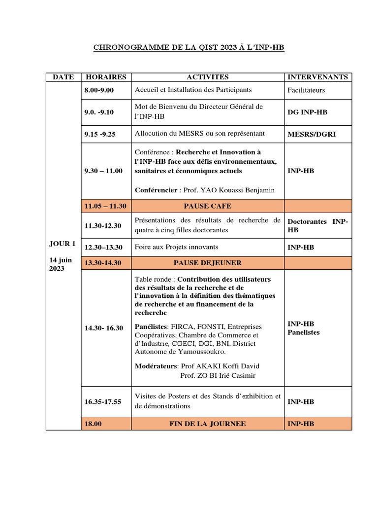 Chronogramme QIST 2023 à l'INP-HB | PDF