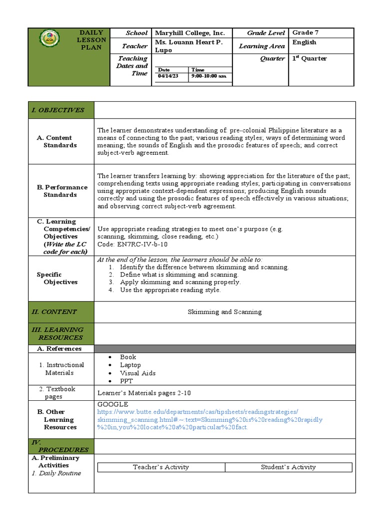 4a's Lesson Plan Final | Download Free PDF | Speed Reading | Cognition