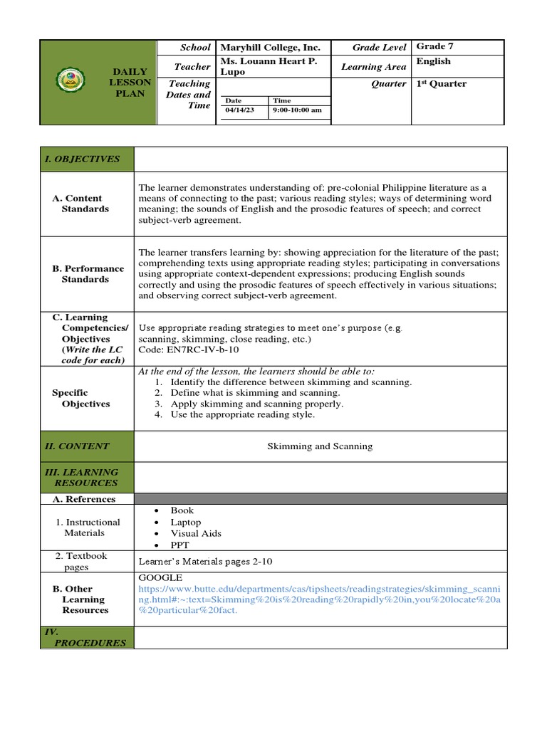 4a's Lesson Plan Final Heart | PDF | Speed Reading | Cognition