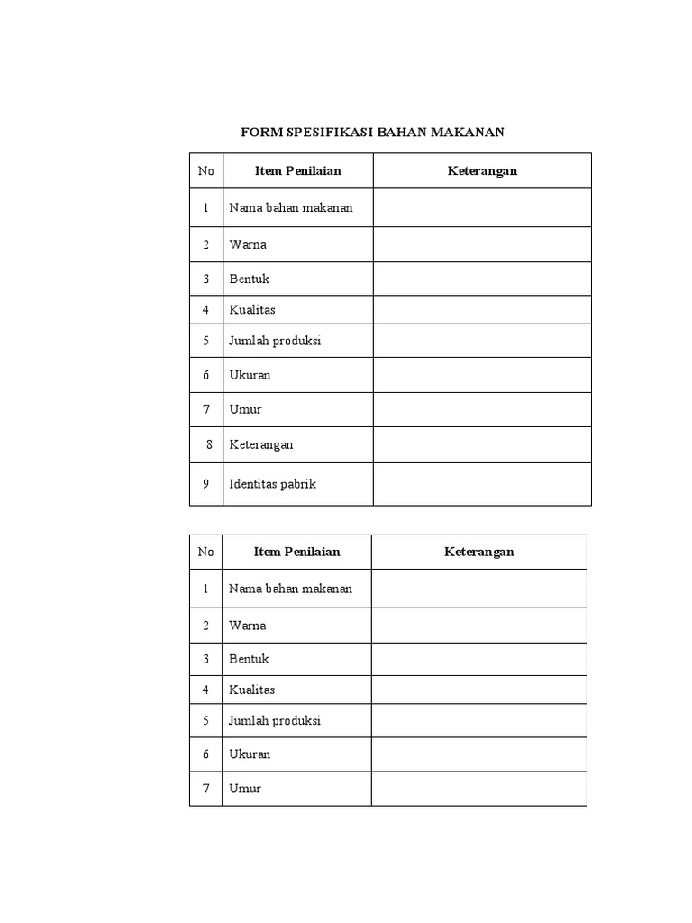 Form Spesifikasi Bahan Makanan | PDF