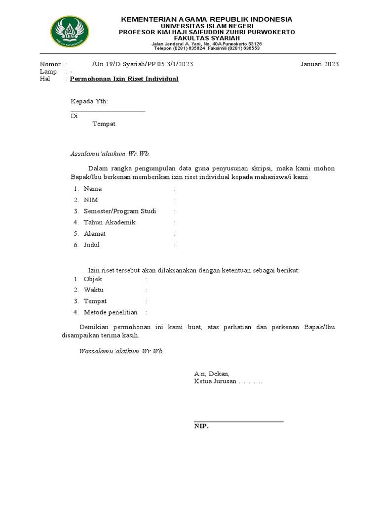 Surat Permohonan Izin Riset Individual New 2023 | PDF