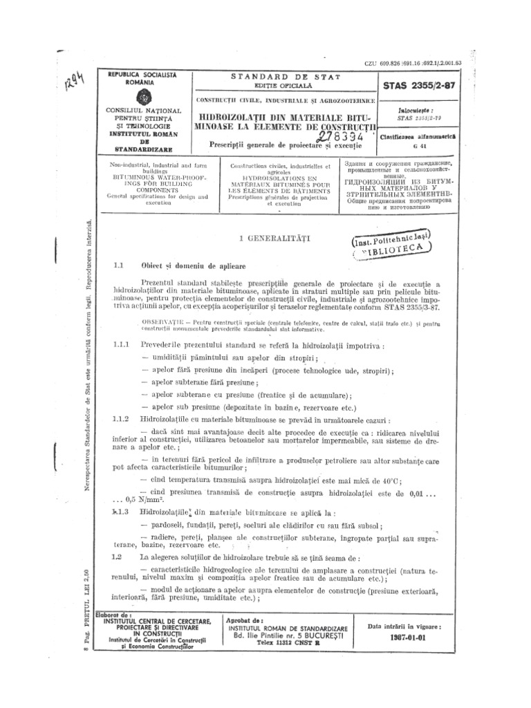 STAS 2355 - 2-87-Hidroizolatii Din Materiale Bituminoase La Elemente de Constructii | PDF