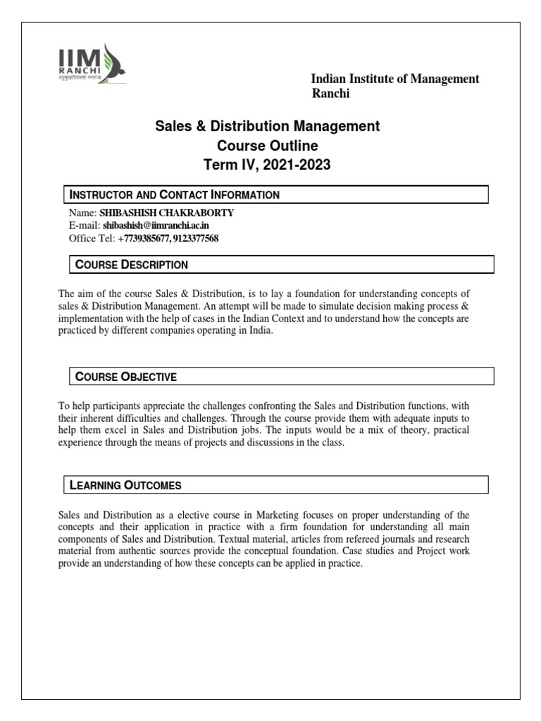 Course Outline - Sales & Distribution Management (2021-2023) | PDF ... Course Outline - Sales & Distribution Management (2021-2023) | PDF ...