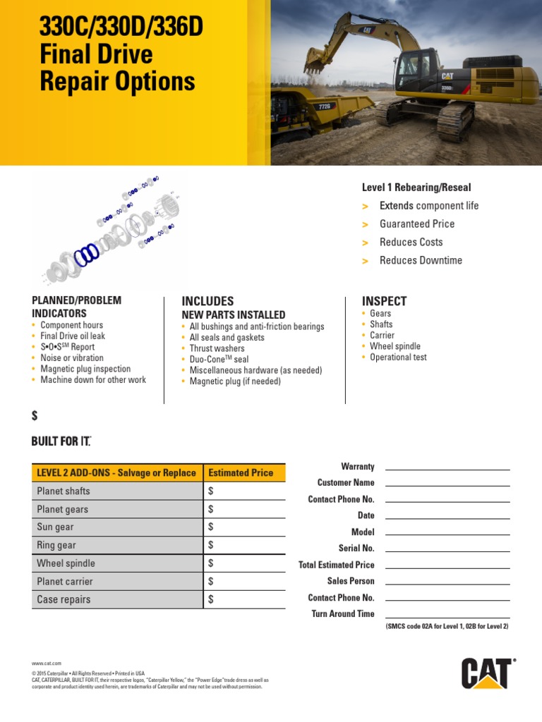 330C D 336D Final Drive Spec Sheet 11 8 18 Hi Res | PDF | Gear | Motor ...