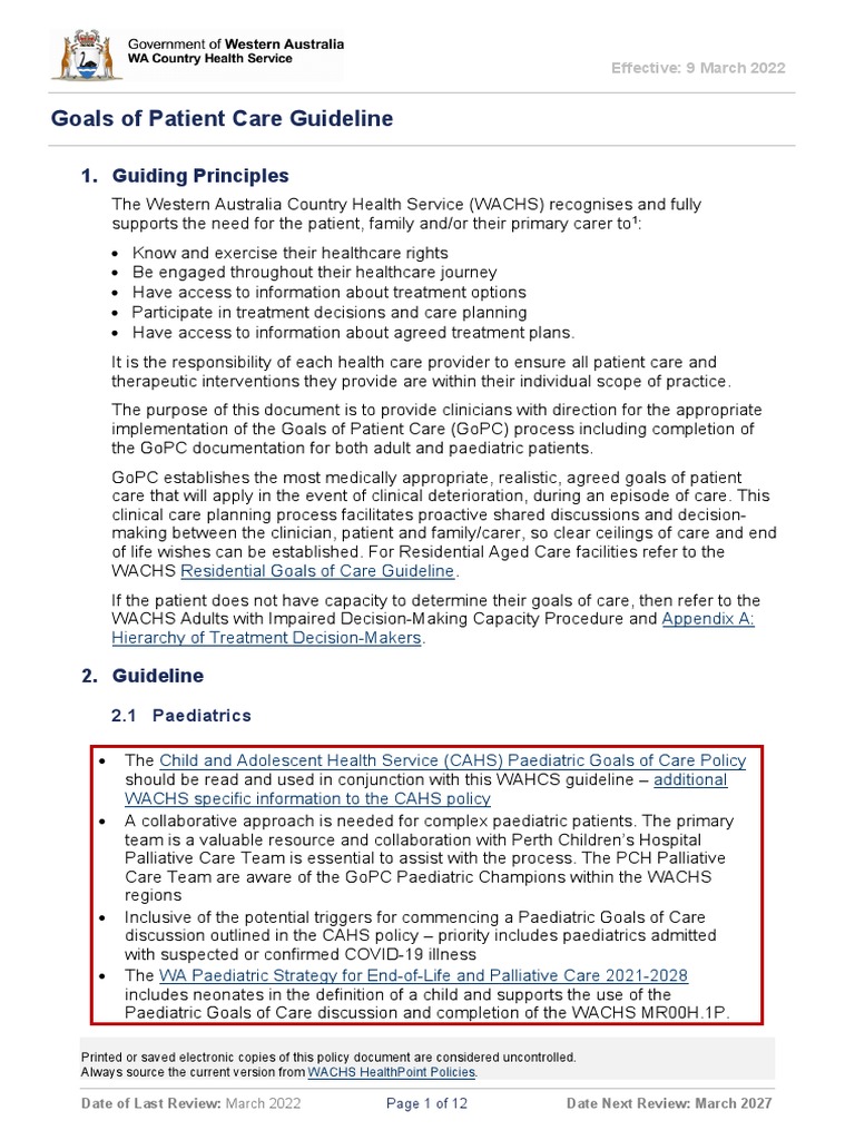 Goals of Patient Care Guideline | PDF | Health Care | Caregiver