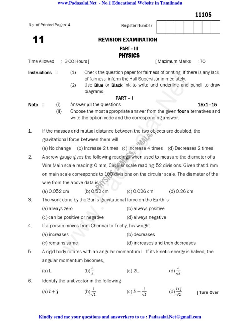 11th Physics EM Public Exam 2023 Original Question Paper English Medium PDF Download | Download ...