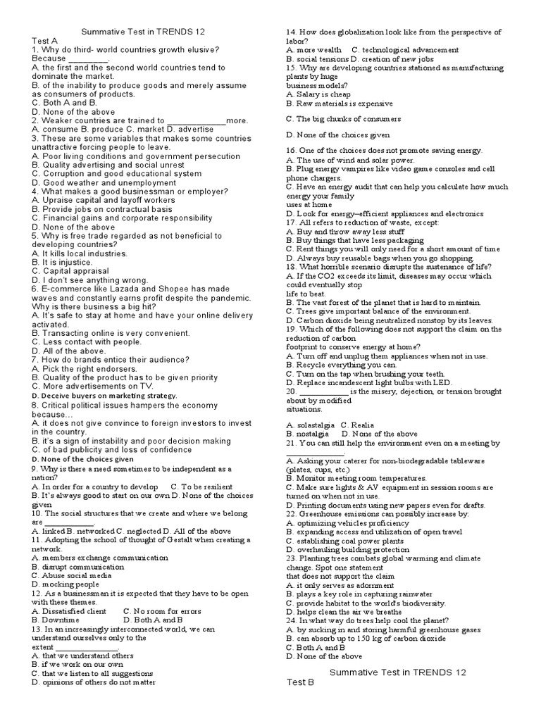Summative Test in TRENDS 12 2nd Sem | PDF | Greenhouse Effect ...