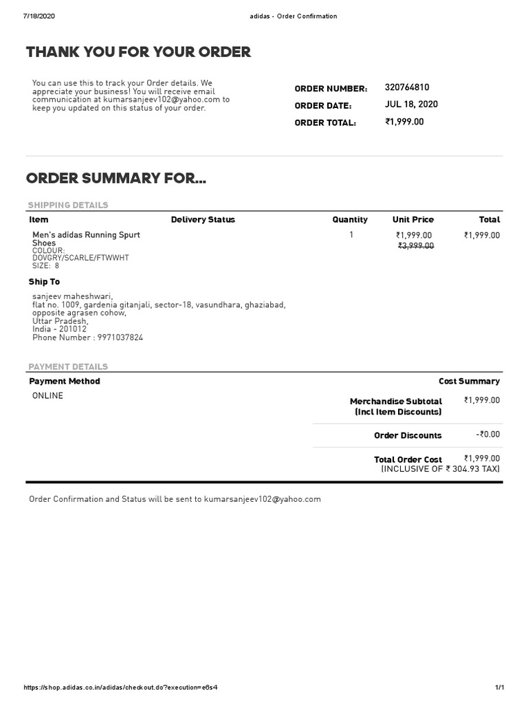 adidas Order Confirmation Details | PDF