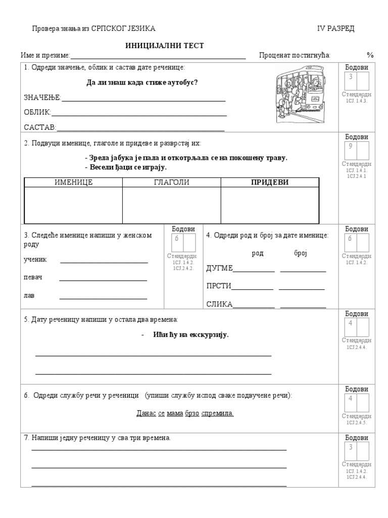 Inicijalni Test Srpski IV Razred | PDF