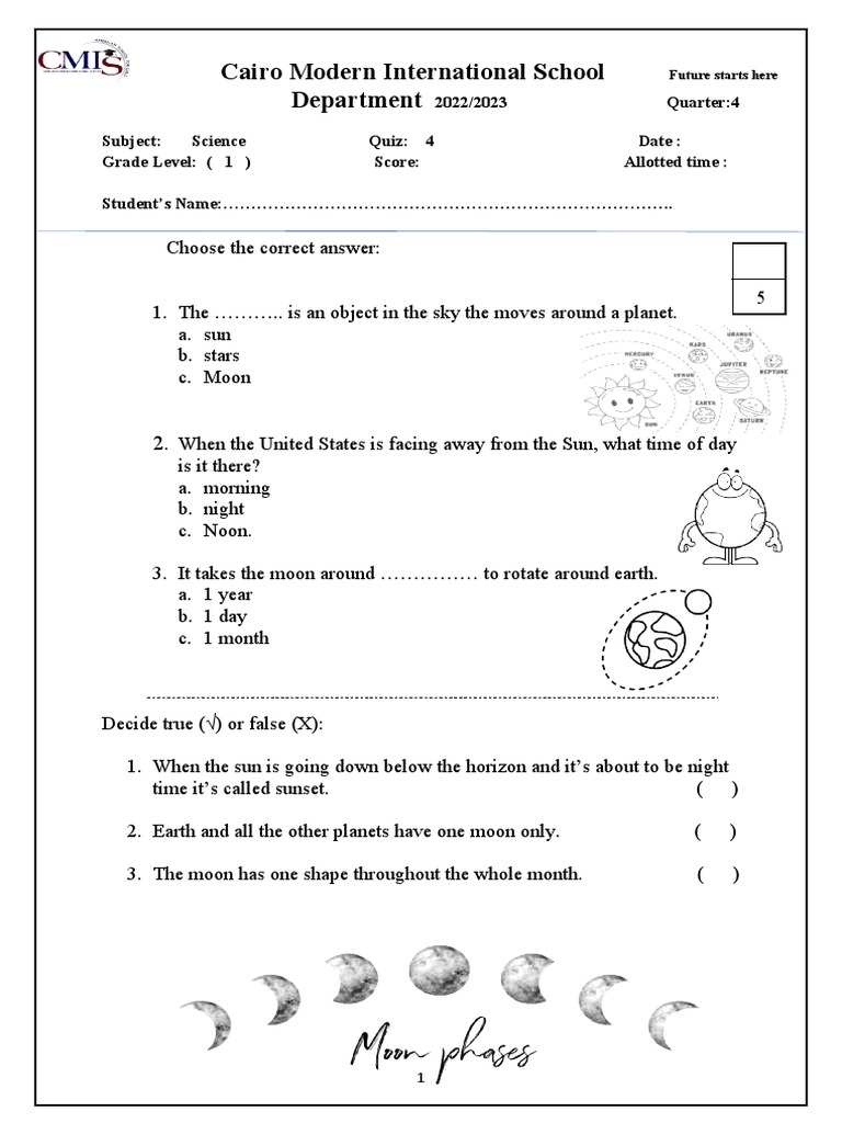 Grade 1 Day and Night Quiz | PDF