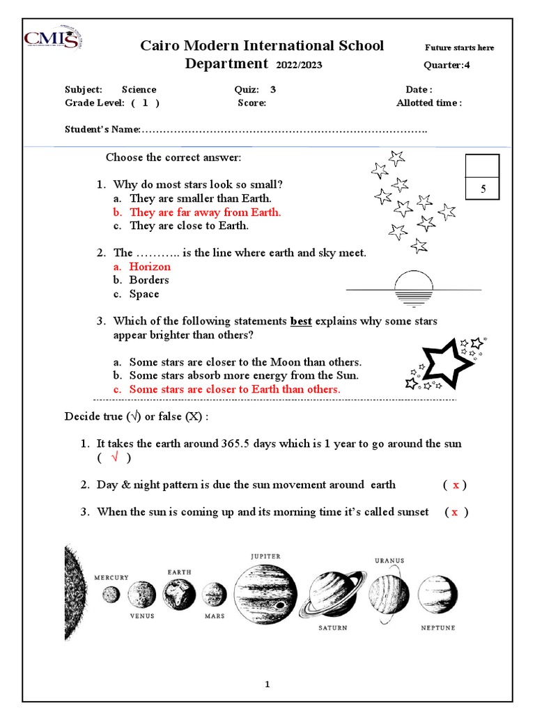Grade 1 Quiz 4.3 Model Answer | PDF | Science & Mathematics