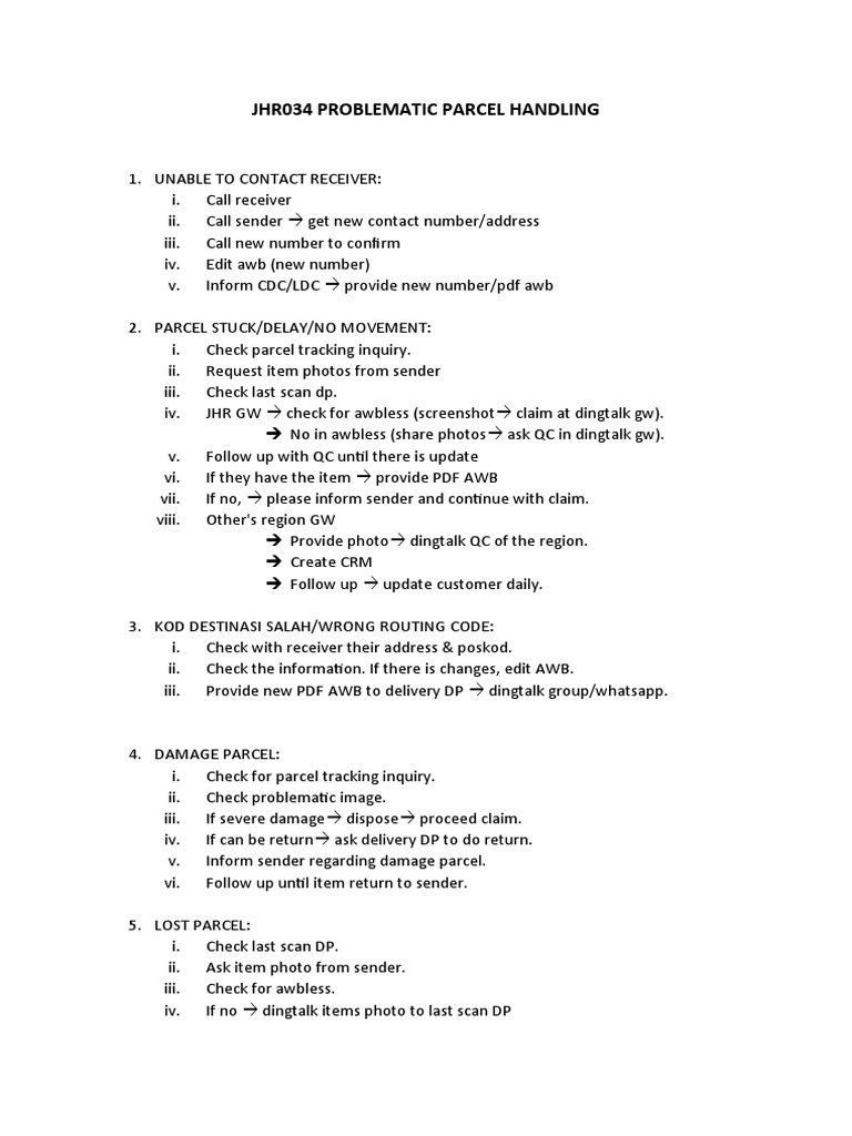 JHR034 Problematic Parcel Handling | PDF