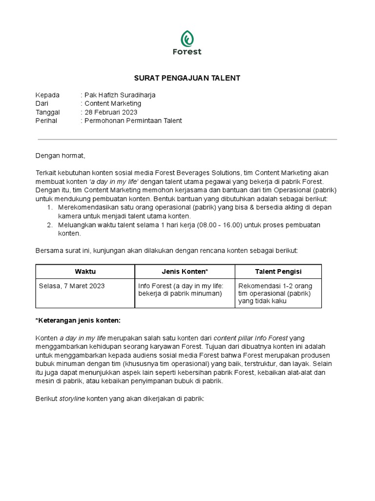 Surat Permohonan Talent | PDF