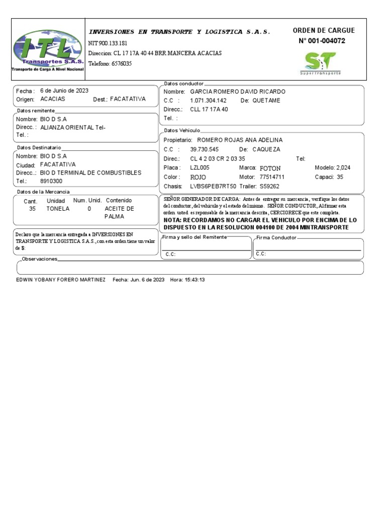 4072 Orden de Cargue LZL005 | PDF | Negocios