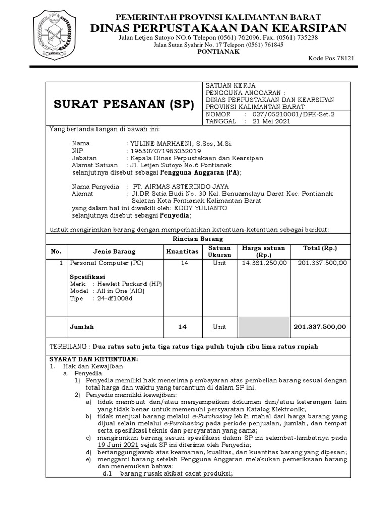 Surat Pesanan Kontrak Pengadaan Belanja Modal Personal Computer e ...