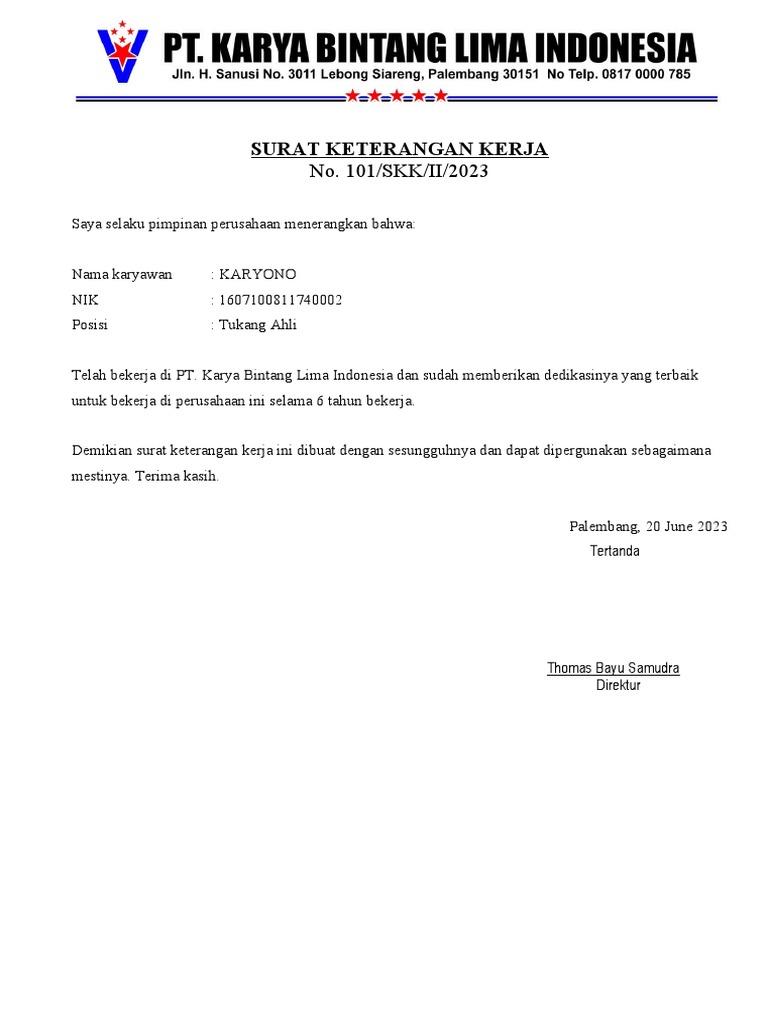 Surat Keterangan Kerja Karyawan Karyono | PDF
