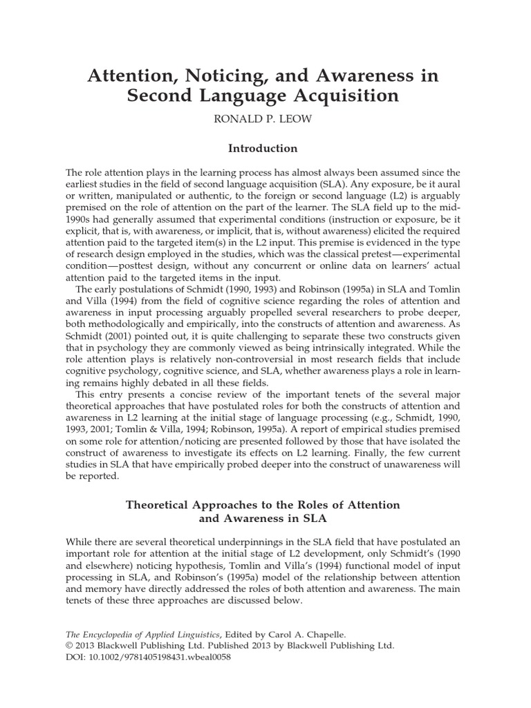 Attention Noticing Awareness in SLA | PDF | Second Language Acquisition ...