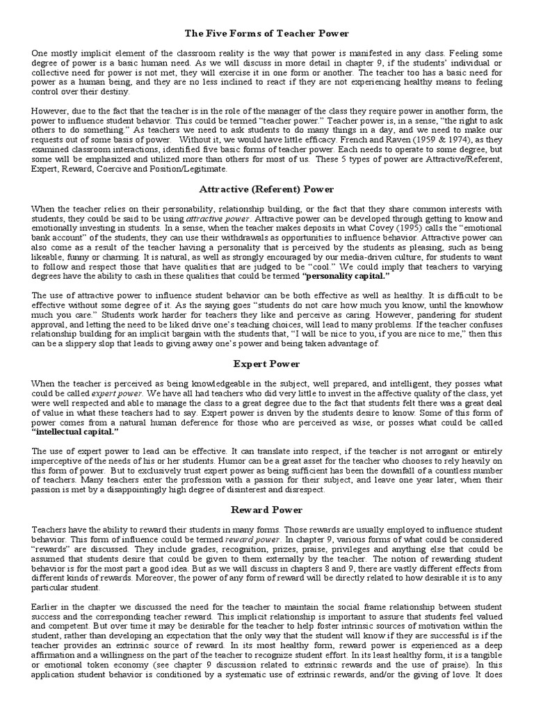 The Five Forms of Teacher Power | PDF | Power (Social And Political ...