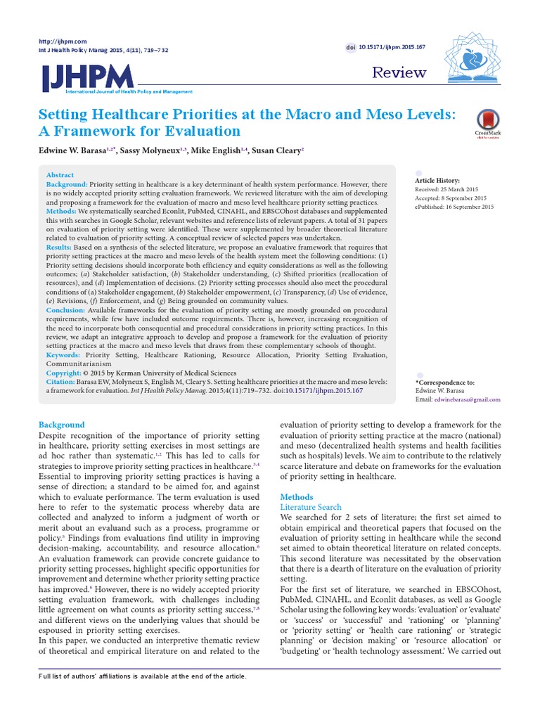 Barasa Et Al 2015 Setting Healthcare Priorities At The Macro And Meso Levels A Framework