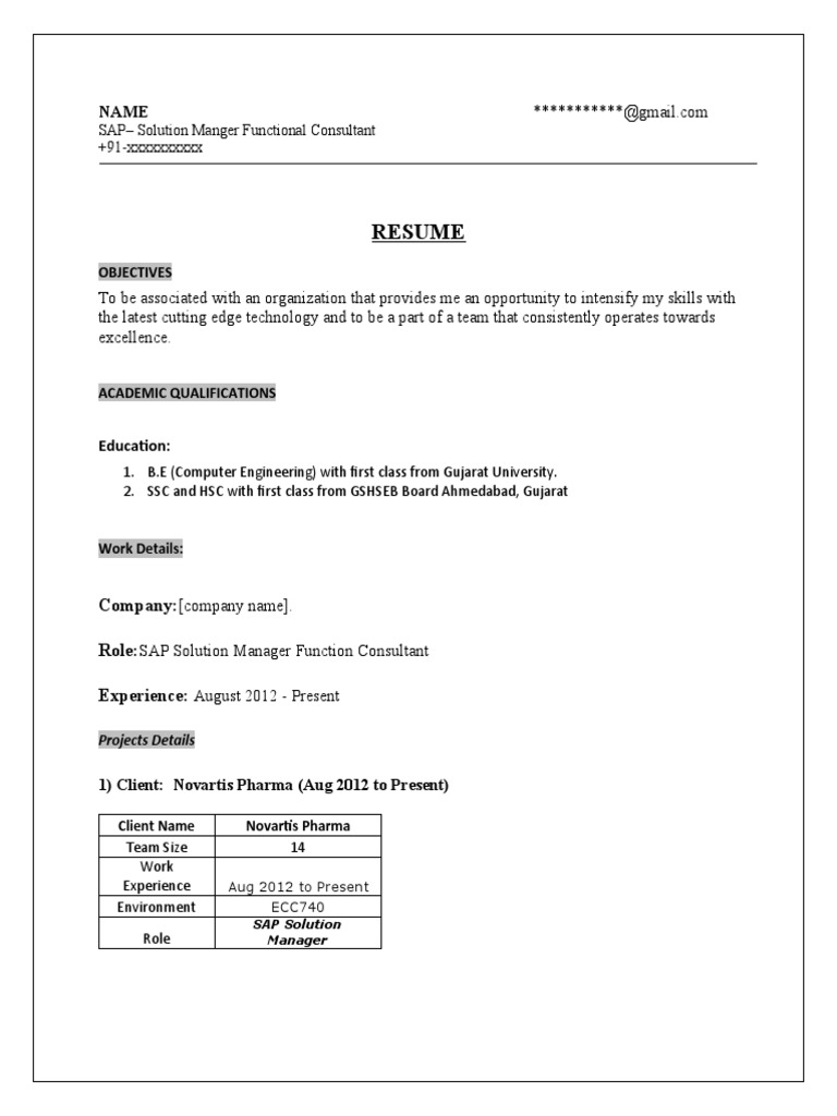 Sap Solution Manager Sample Resume 1 | PDF | Consultant | Information Technology Management