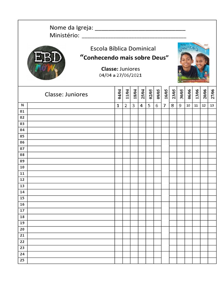 Lista de Chamada JUNIORES EBD NOW 2 TRIMESTRE | PDF