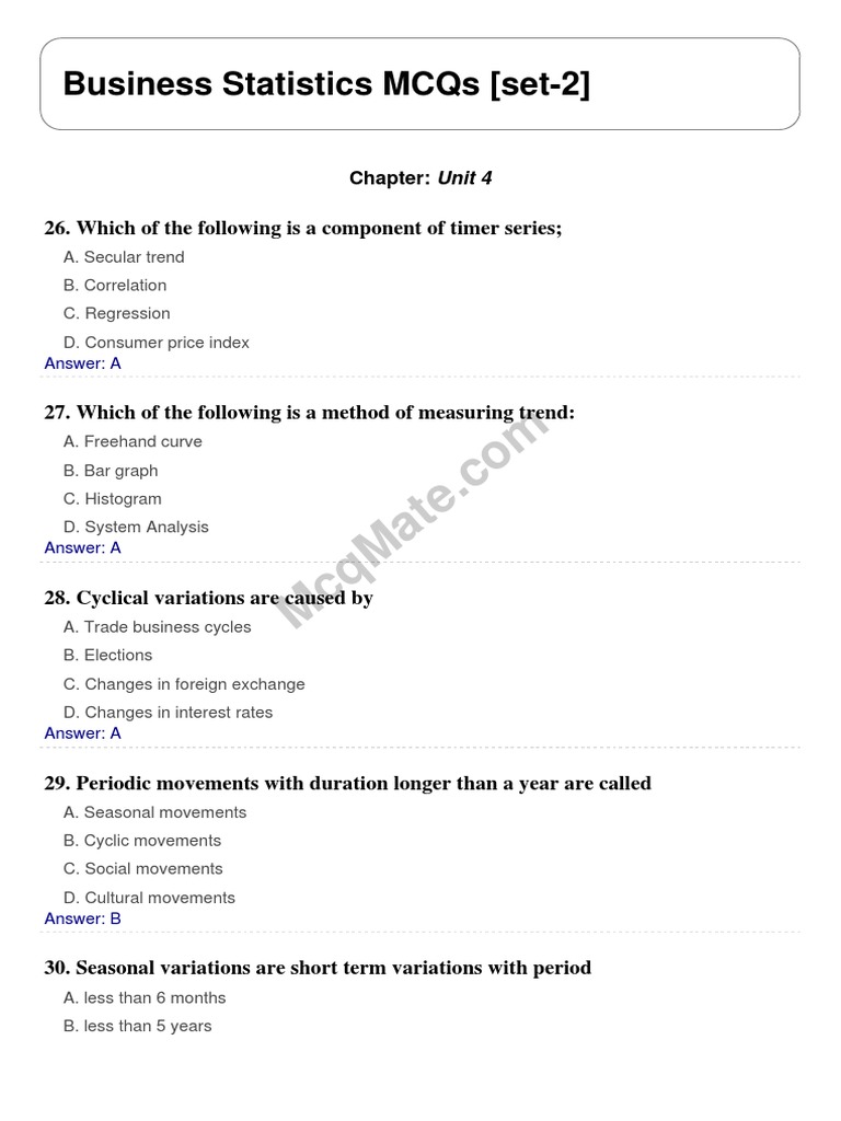 Business Statistics MCQs: Unit 4 | PDF | Teaching Methods & Materials | Technology & Engineering
